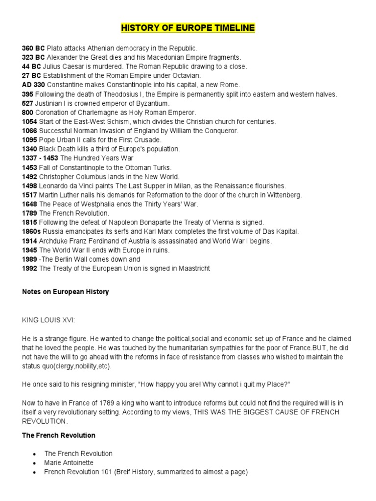 European History Timeline Overview | PDF | French Revolution | History ...