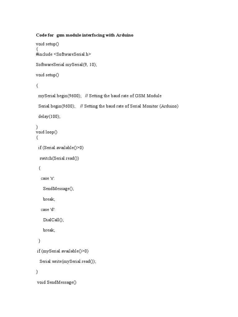 Code For GSM Module Interfacing With Arduino | PDF