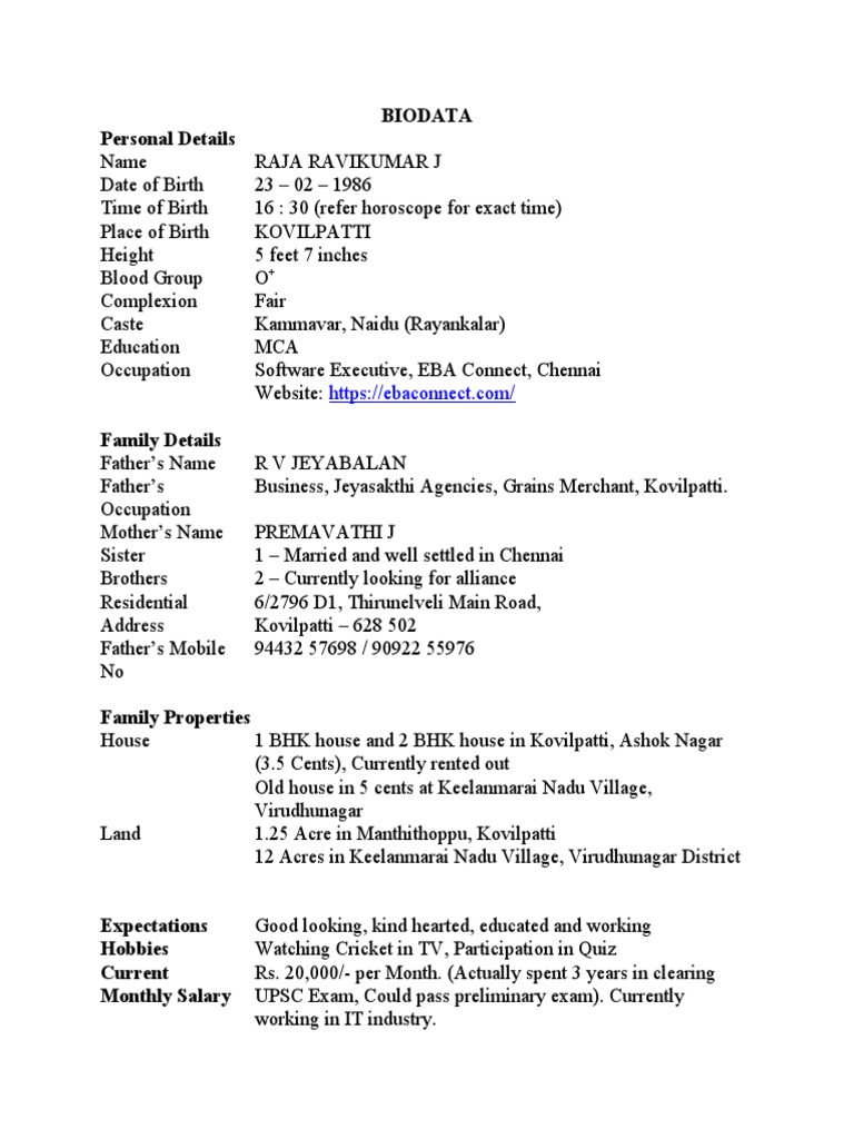 Raja Ravikumar J Biodata Summary | PDF | Wellness