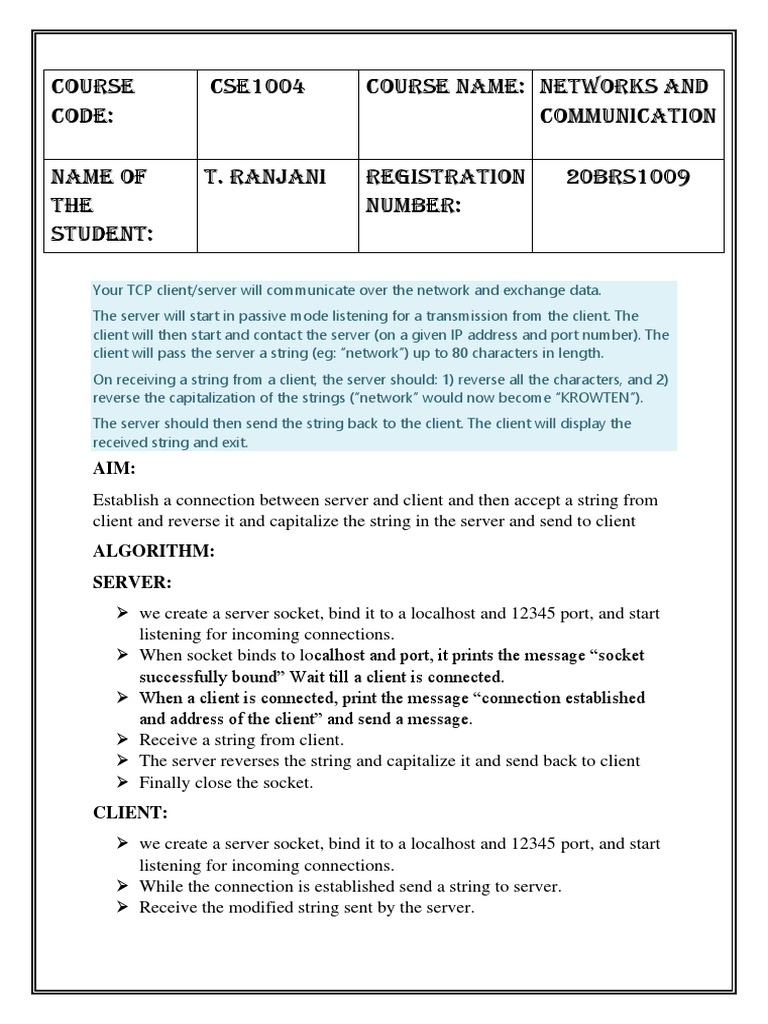 Ranjani T 20BRS1009 Lab Fat Cse1004 | PDF | Port (Computer Networking) | Network Socket