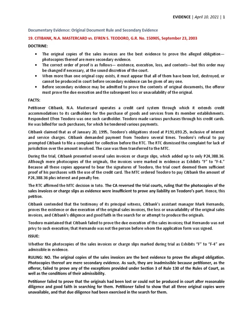 Case Digests 041021 EVID | PDF | Parol Evidence Rule | Evidence (Law)