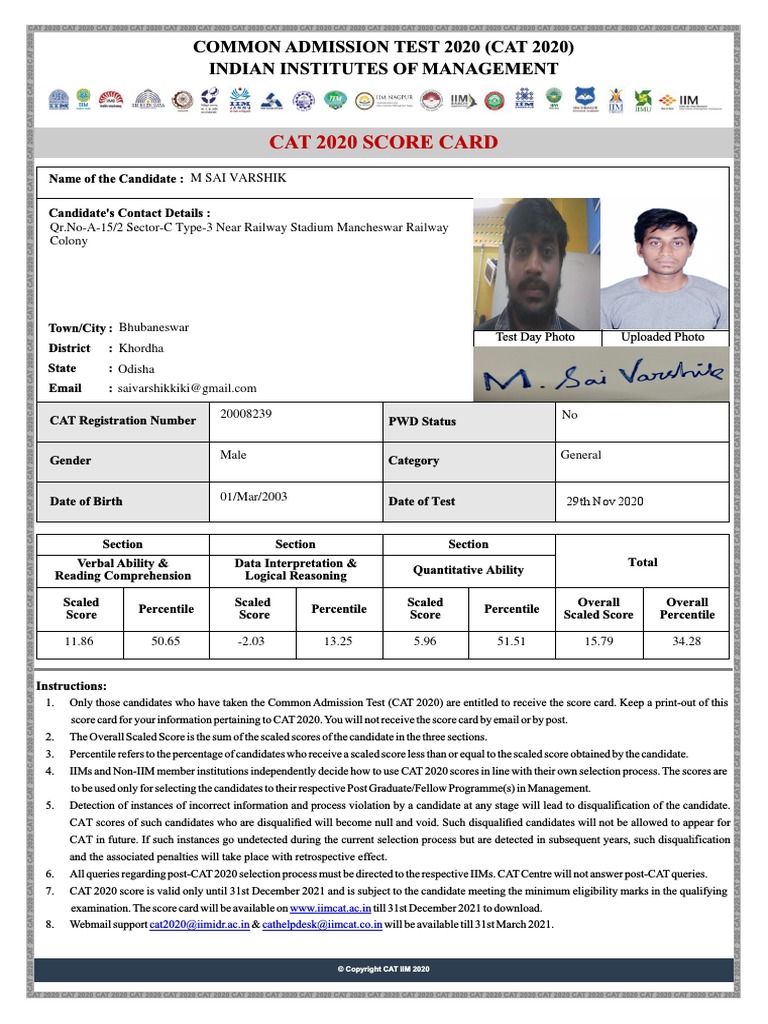 Cat 2020 Score Card: Common Admission Test 2020 (Cat 2020) Indian ...