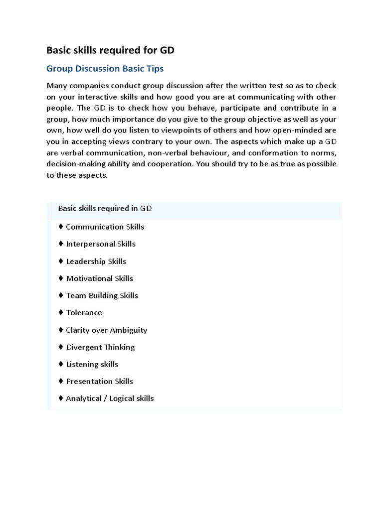Basic Skills Required For Gd Group Discussion Basic Tips Pdf