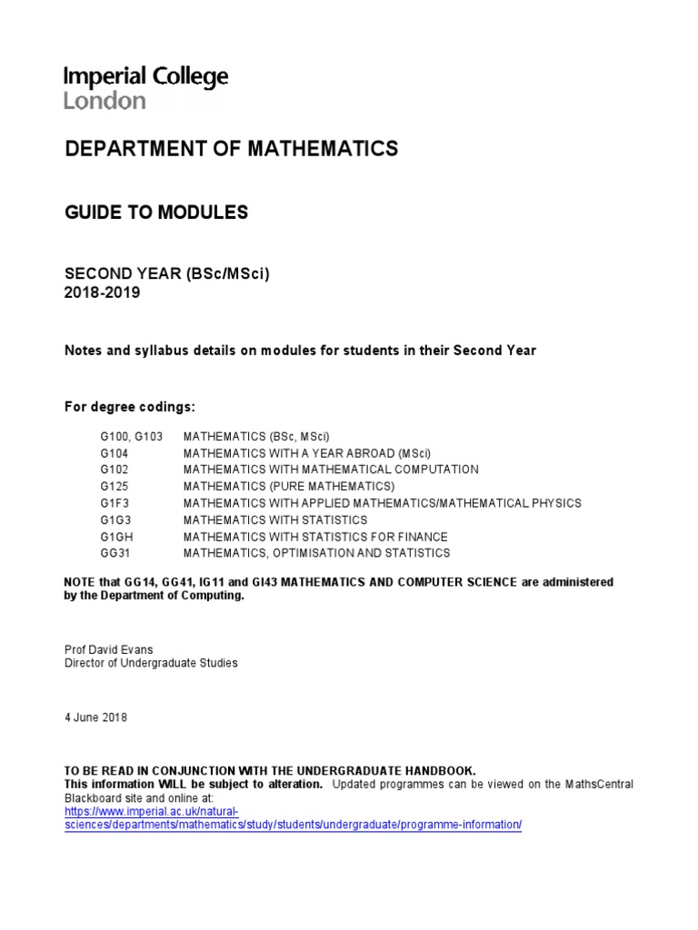 Guide to Second Year Modules and Requirements for Mathematics ...