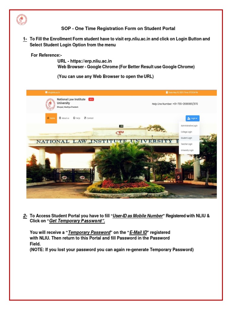 Fill One Time Registration Form on Student Portal | PDF