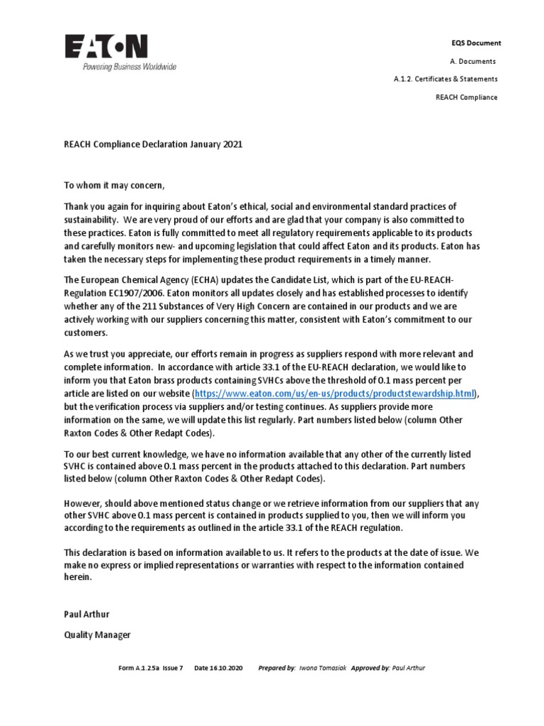 Eaton REACH Compliance Declaration | PDF | Regulatory Compliance | Safety