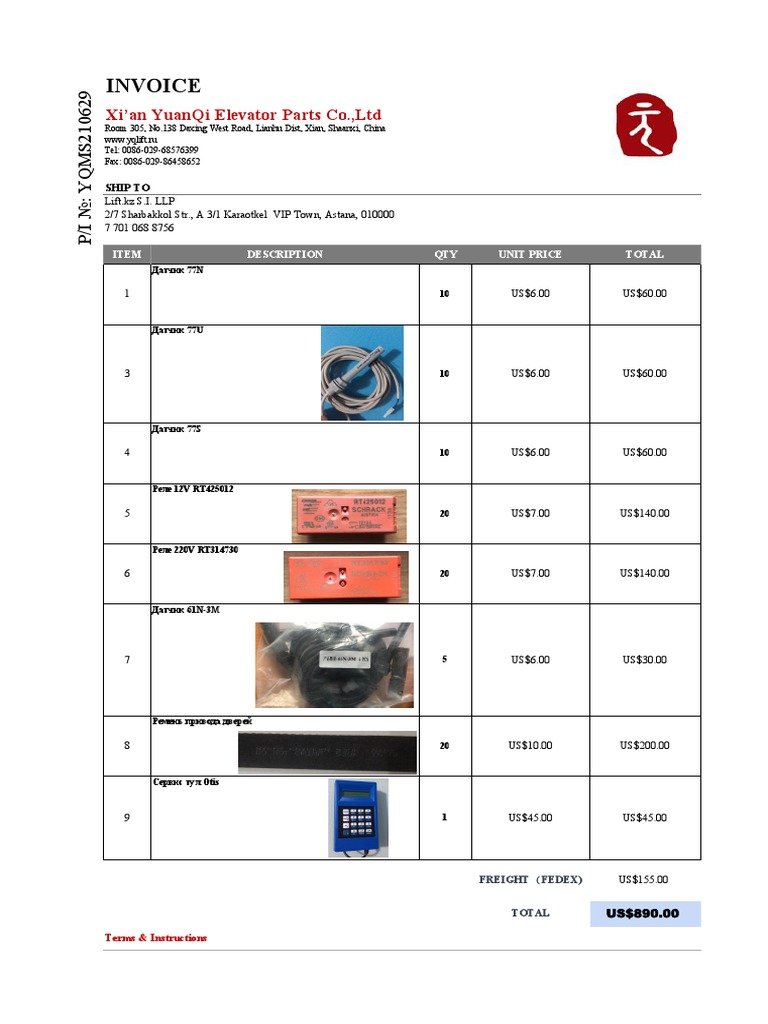 Invoice: Xi'An Yuanqi Elevator Parts Co.,Ltd | PDF | Banking | Business Law
