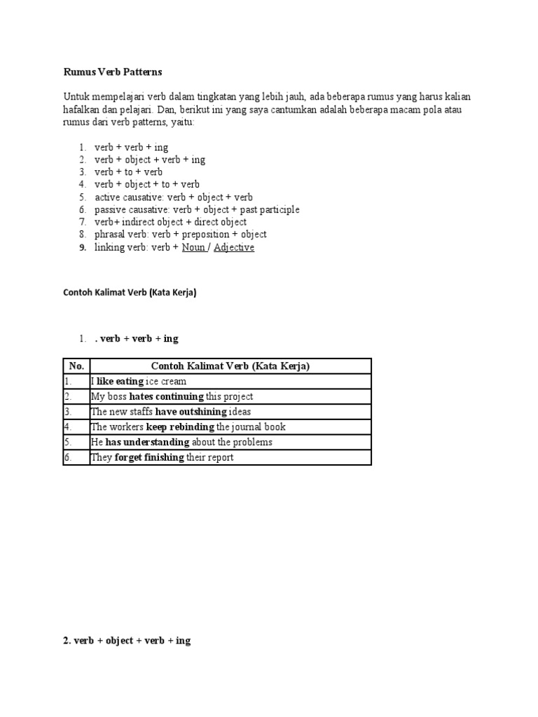 Rumus Verb Patterns: Contoh Kalimat Verb (Kata Kerja) | PDF | Object ...