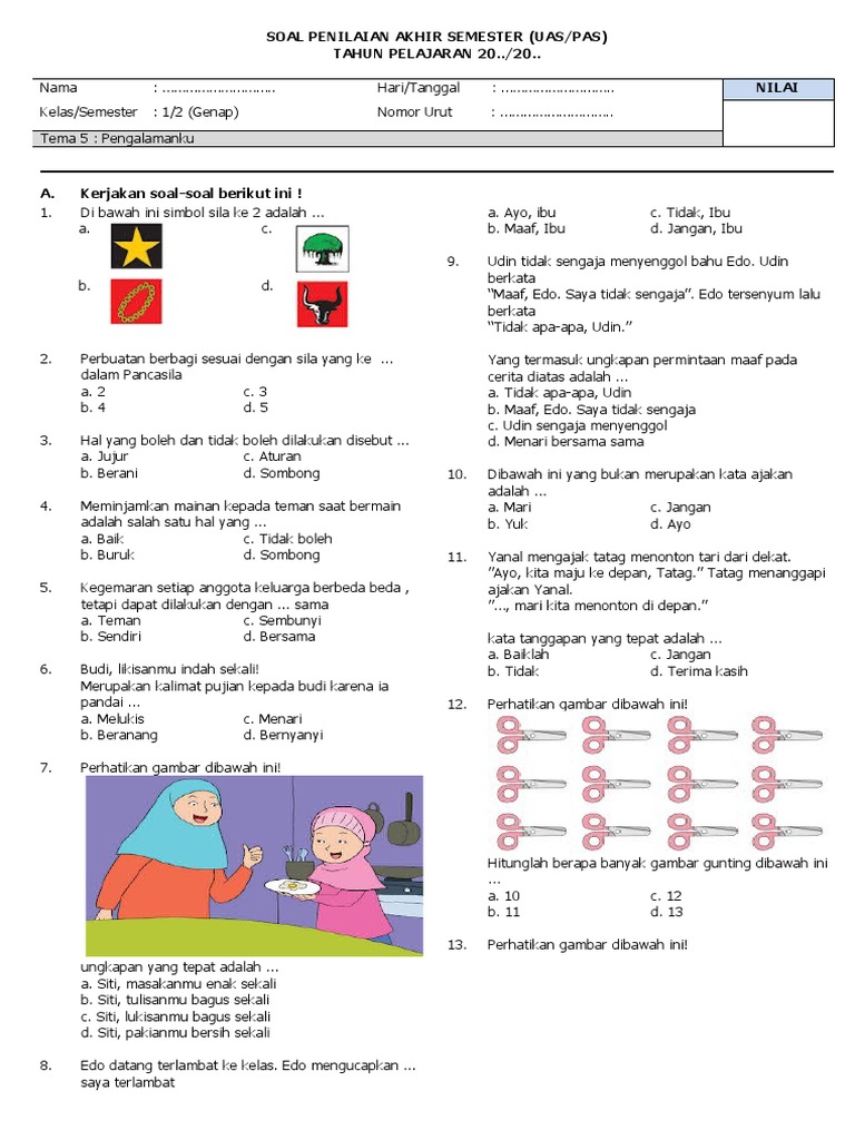 Soal PAS Kelas 1 Tema 5 - Kami Madrasah | PDF