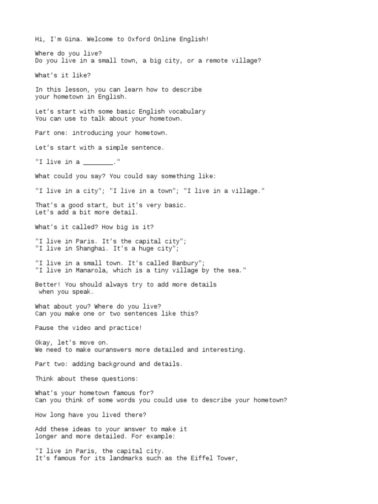 Describing Your Hometown in English | PDF | English Language | Languages