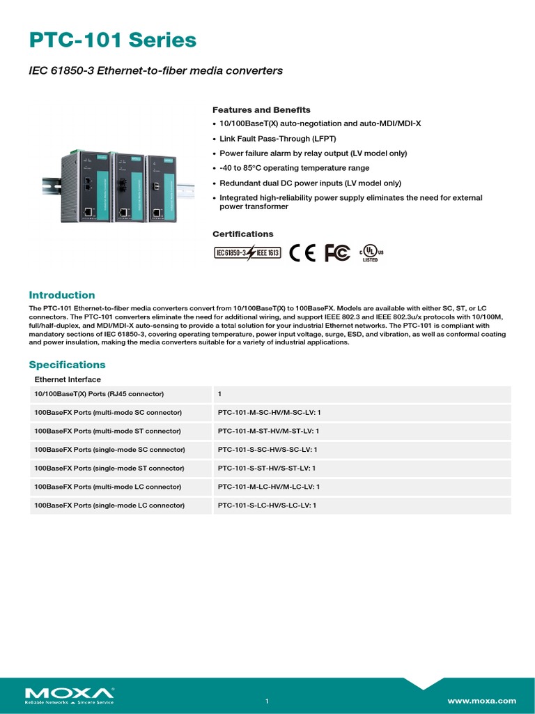 PTC-101 Series: IEC 61850-3 Ethernet-To-Fiber Media Converters | PDF ...
