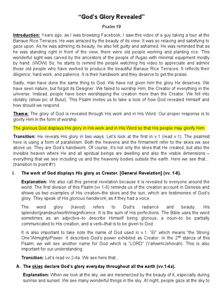 Psalm 19 Sermon Outline | PDF | Glory (Religion) | Jesus