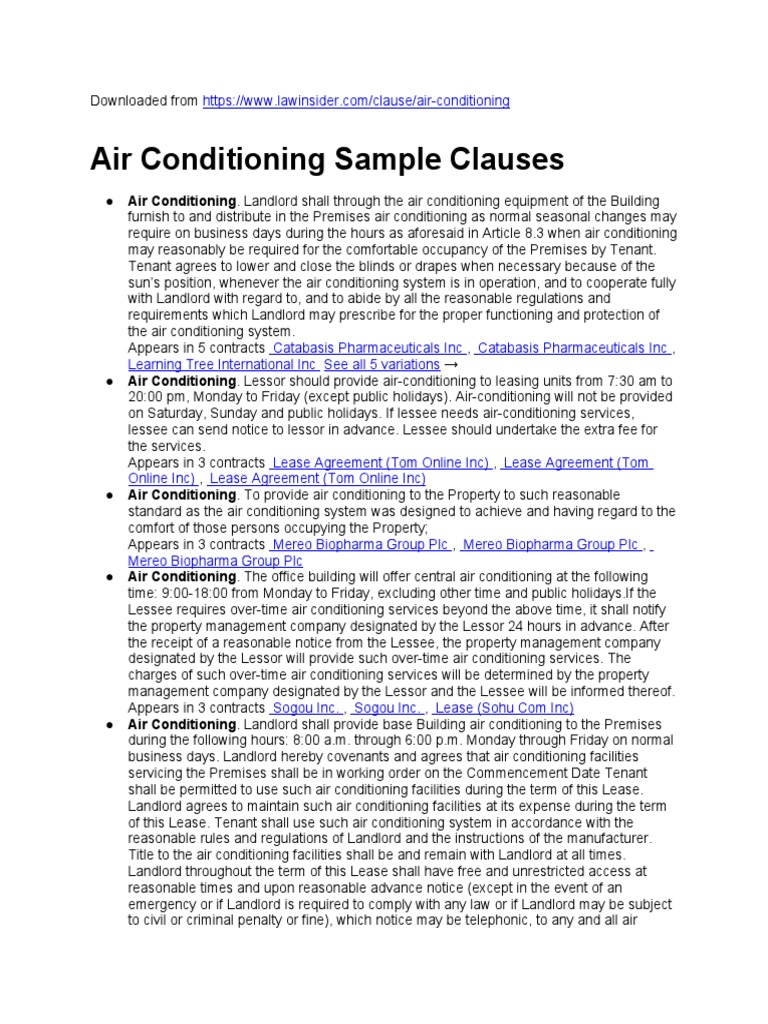 Air Conditioning Sample Clauses | PDF | Landlord | Lease