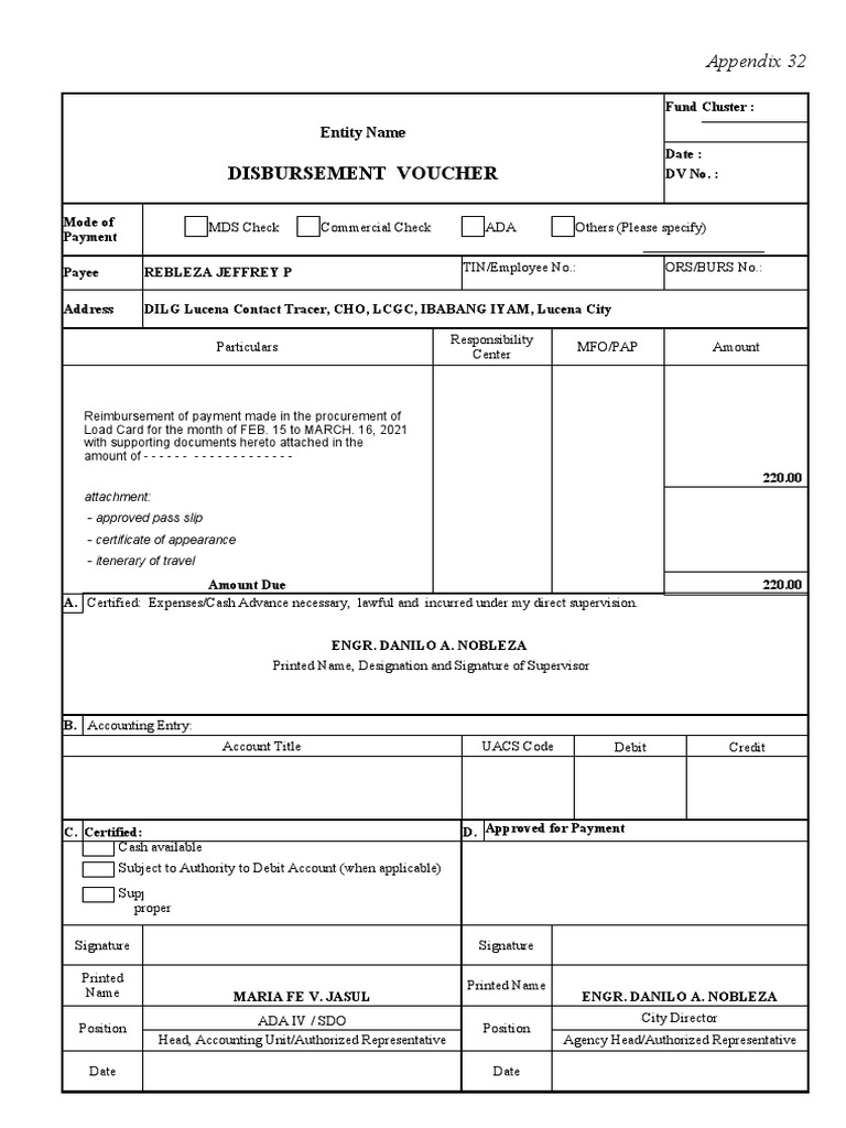 Disbursement Voucher: Appendix 32 | PDF | Payments | Cheque
