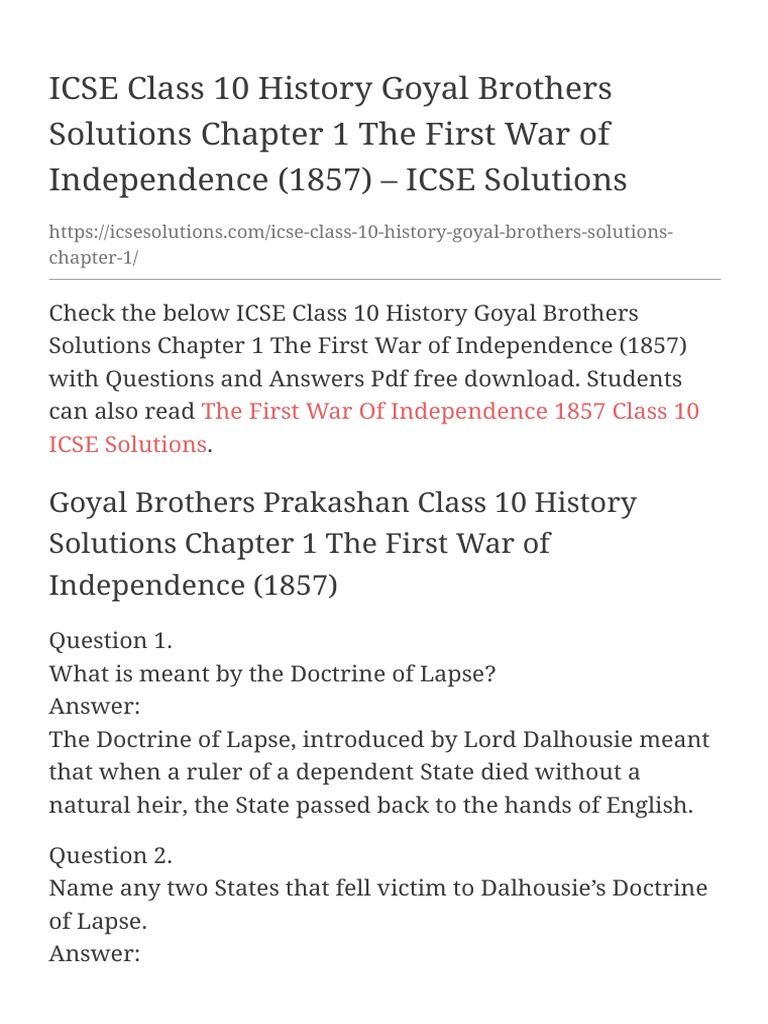 ICSE Class 10 History Goyal Brothers Solutions Chapter 1 The First War ...