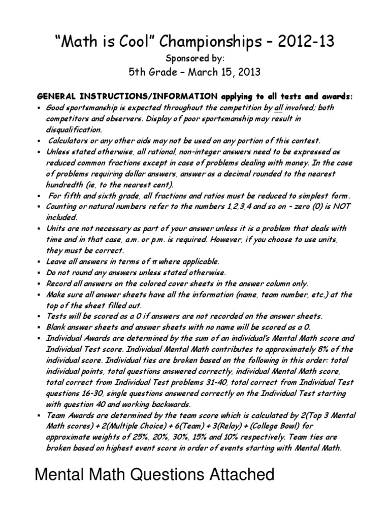 2012-13 Math is Cool Championships | PDF | Multiple Choice | Area