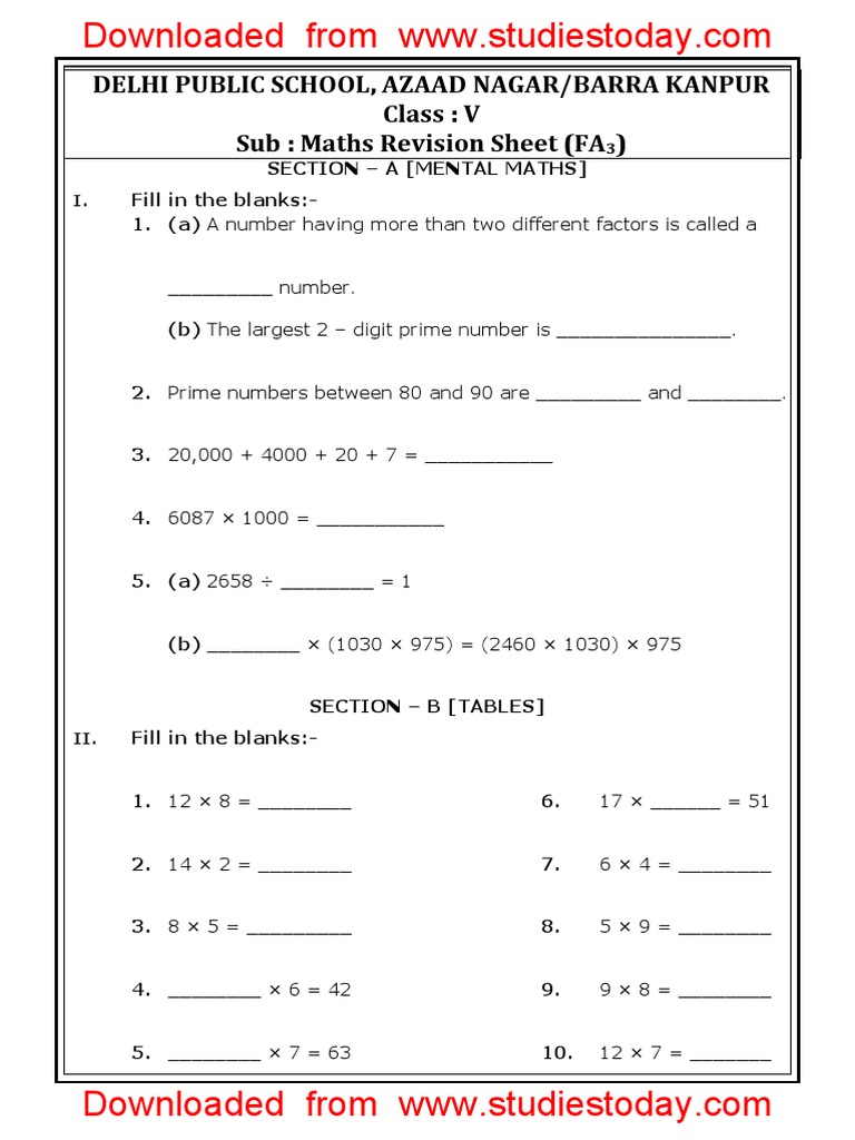 CBSE Class 5 Mathematics Worksheet - Mental Maths | PDF | Numbers ...