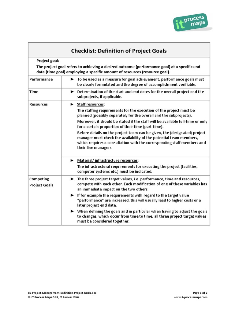 CL Project Management Definition Project Goals | PDF | Goal | Business
