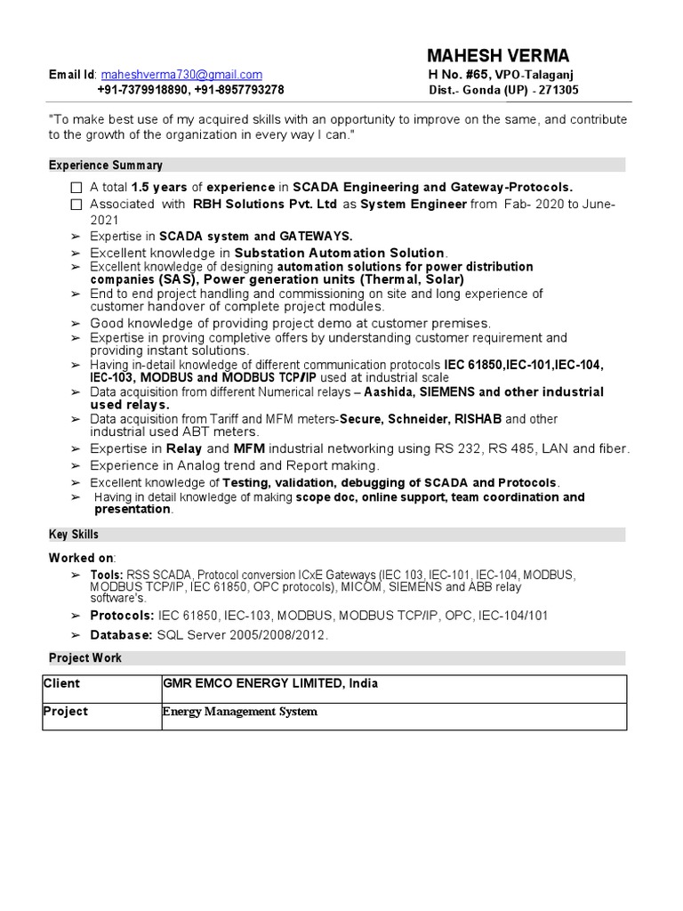Mahesh Verma System Engineer SCADA and Gateways | PDF | Scada | Computer Network