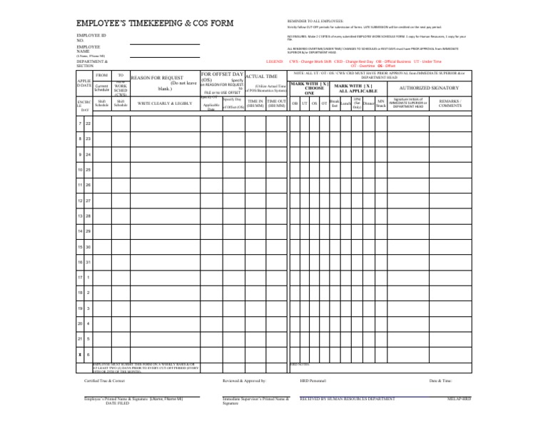 Employee'S Timekeeping & Cos Form: For Offset Day (OS) | PDF | Business ...
