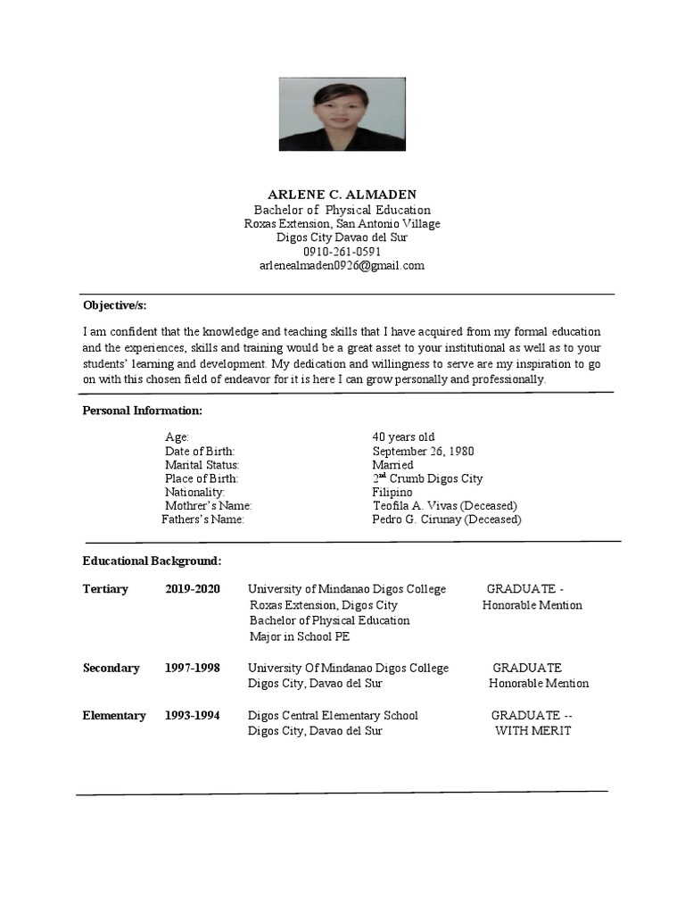 Bachelor of Physical Education: Arlene C. Almaden | PDF | Physical ...