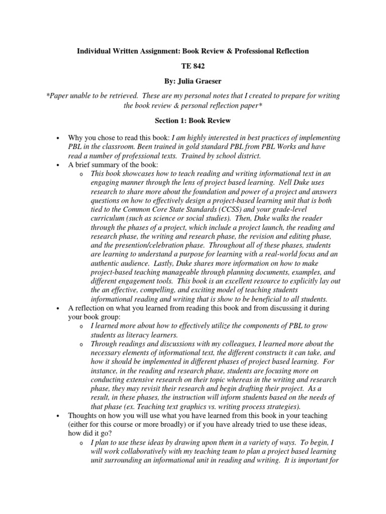 Book Review and Personal Reflection | PDF | Project Based Learning ...