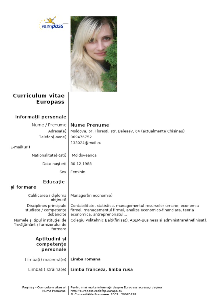 Model CV Curriculum Vitae European Romana | PDF