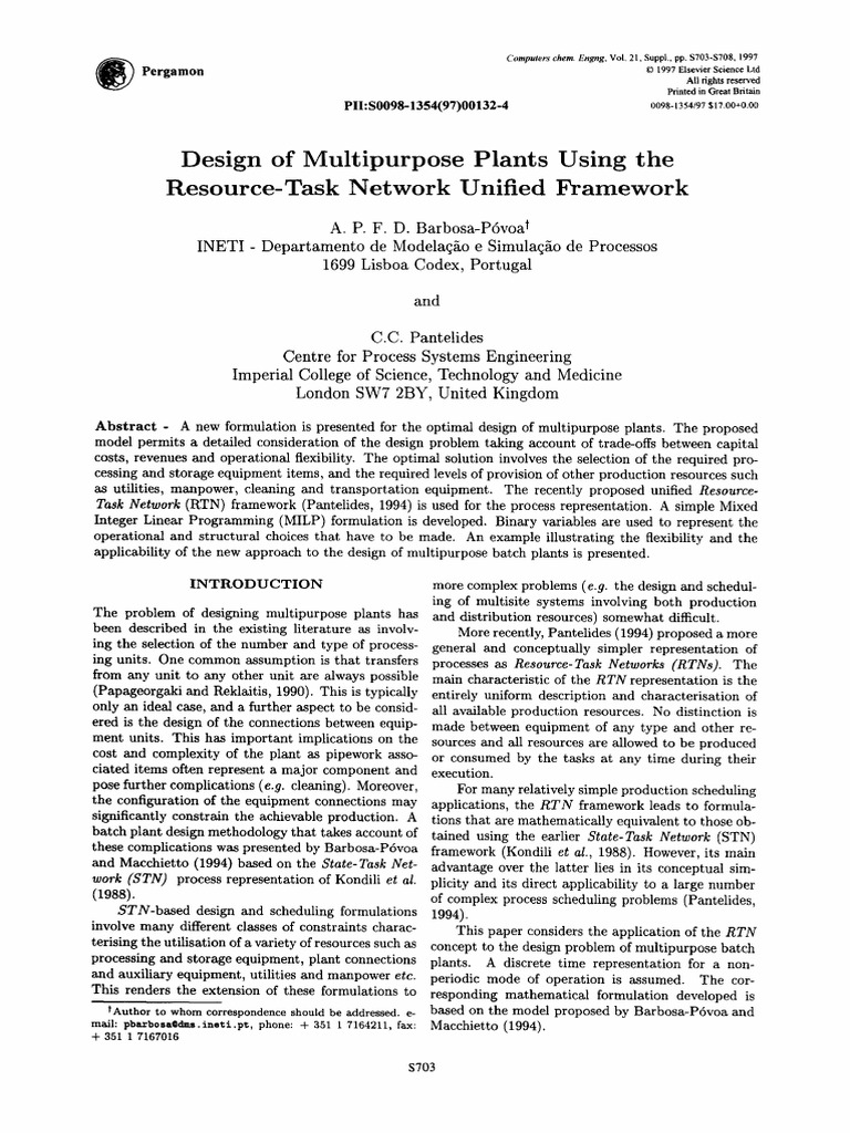 Design of Multipurpose Plants Using The Resource-Task Network Unified Framework | PDF ...
