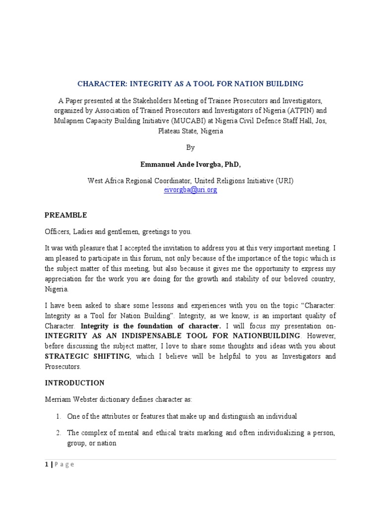 Character - Integrity As A Tool For Nation Building | PDF | Political ...