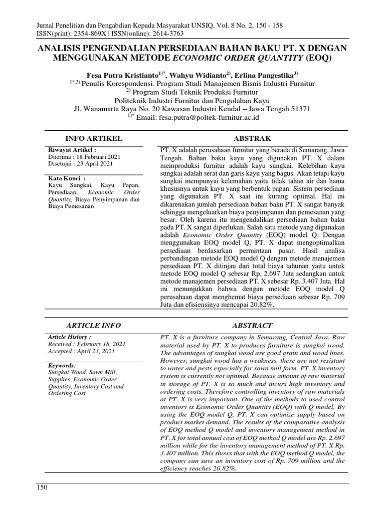 Analisis Pengendalian Persediaan Bahan Baku Pt. X Dengan Menggunakan Metode Economic Order ...