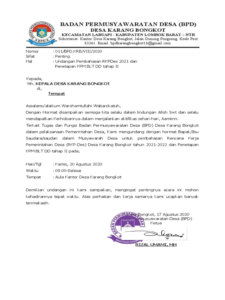 Undangan BPD Pembahasan RKP 2021 | PDF