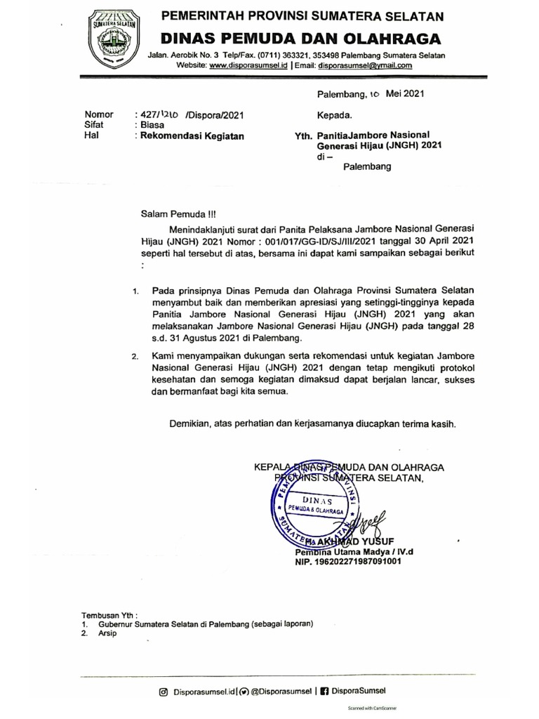 Surat Rekomendasi DISPORA Sumsel | PDF