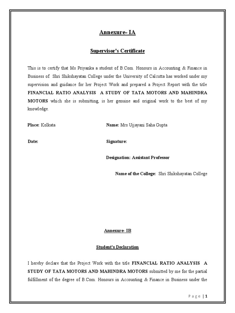 Annexure - IA: Supervisor's Certificate | PDF | Financial Ratio | Equity (Finance)