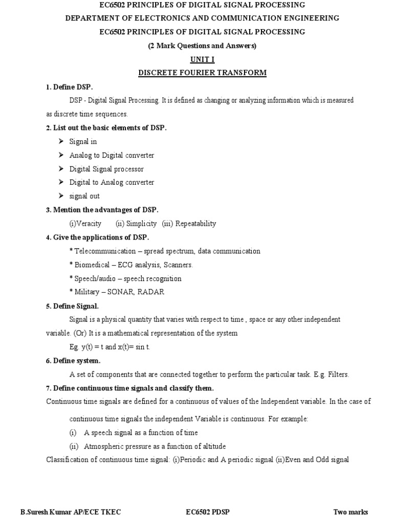 B.Suresh Kumar Ap/Ece Tkec Ec6502 PDSP Two Marks | PDF | Digital Signal ...