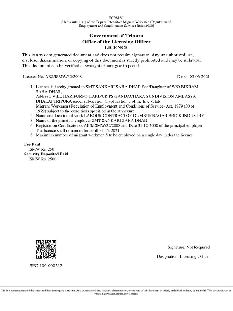 Government of Tripura Office of The Licensing Officer Licence | PDF ...