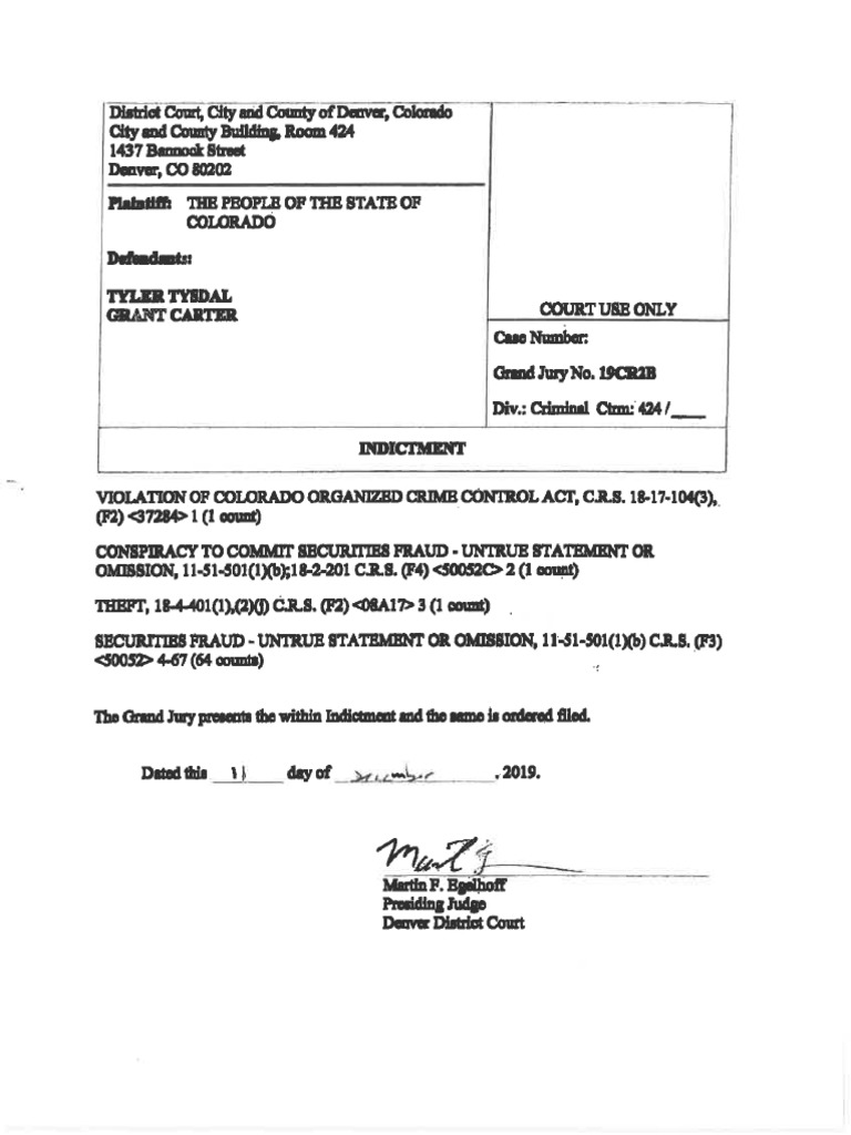 Colorado v. Tyler Tysdal and Grant Carter: Redacted 2019 Indictment | PDF