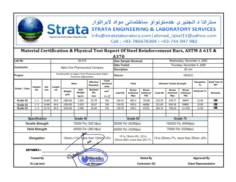 Material Certification & Physical Test Report of Steel Reinforcement ...