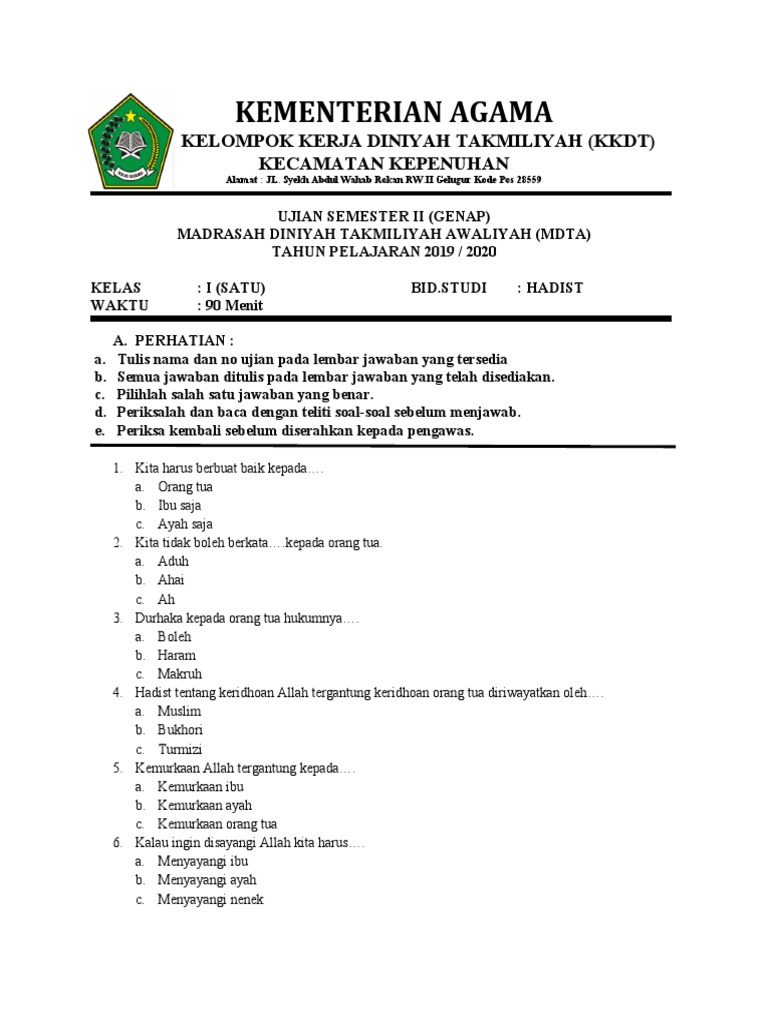 Soal Hadist Kelas 1 | PDF