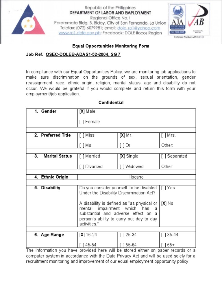 Equal Opportunities Monitoring Form | PDF