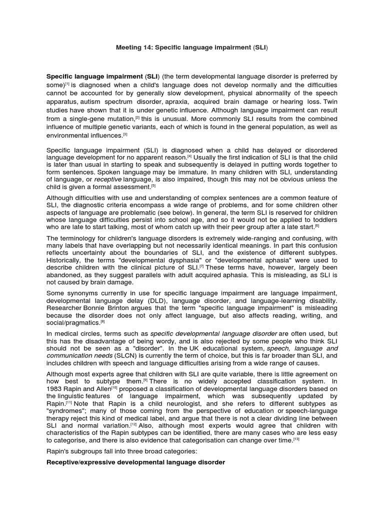 Specific Language Impairment (SLI) (The Term Developmental Language ...