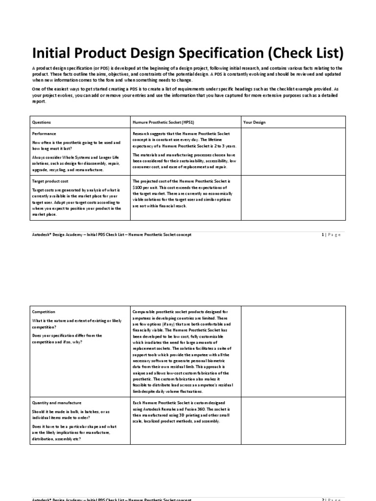 Initial Product Design Specification (Check List) : Questions Humure ...