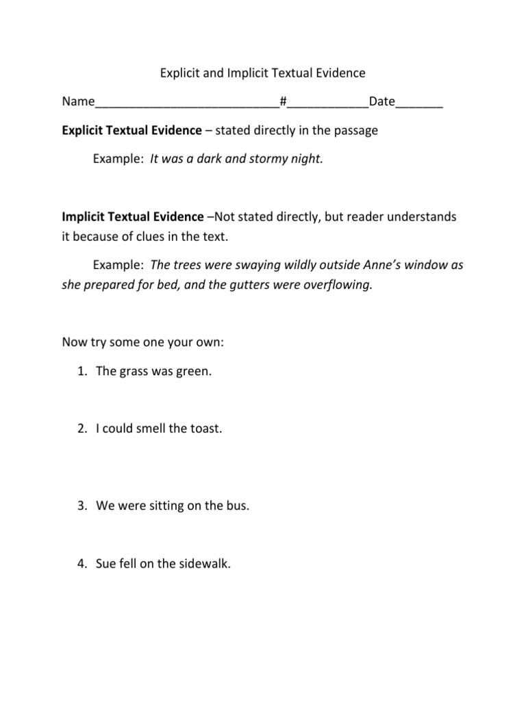 Explicit and Implicit Textual Evidence Handout | PDF