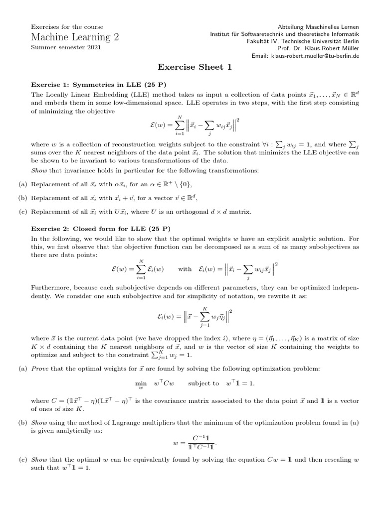 Machine Learning 2: Exercise Sheet 1 | PDF | Mathematical Optimization ...