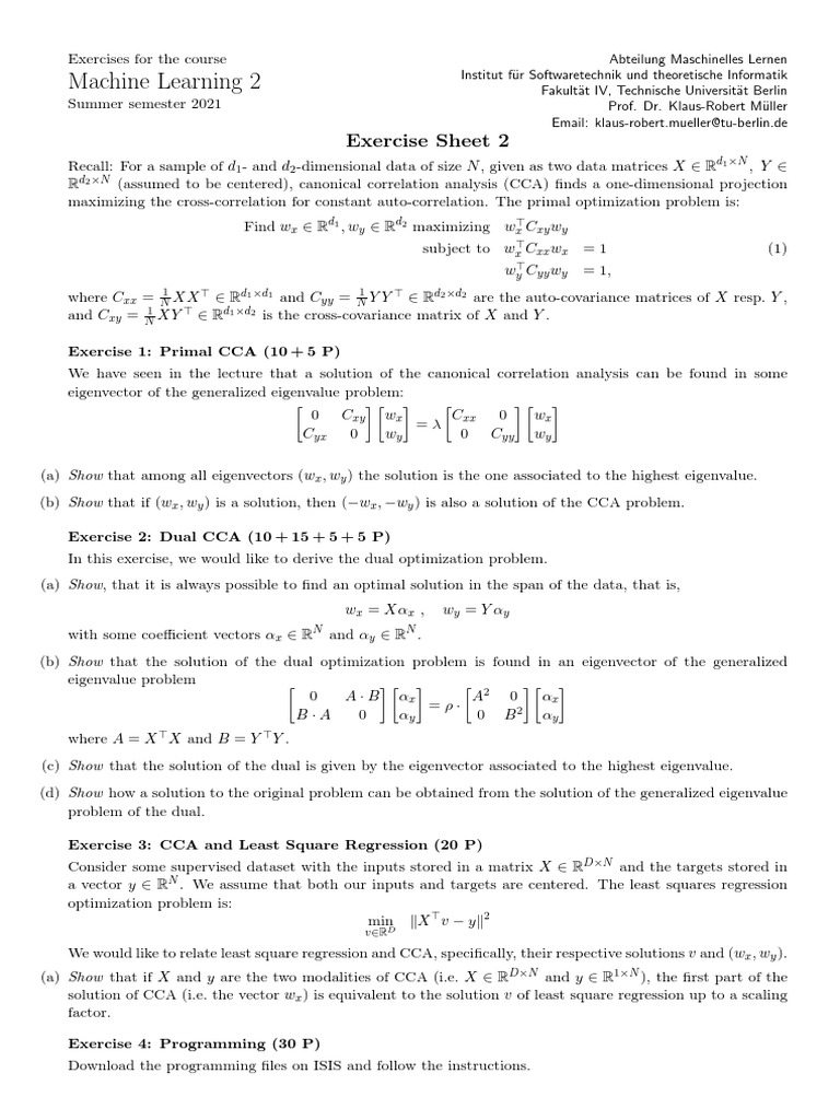 Machine Learning 2: Exercise Sheet 2 | PDF | Eigenvalues And Eigenvectors | Matrix Theory