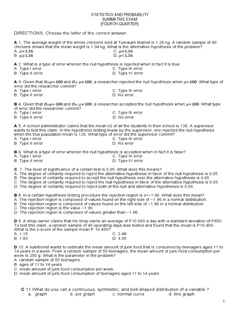 Q4 Statistics And Probability Summative Final Download Free Pdf
