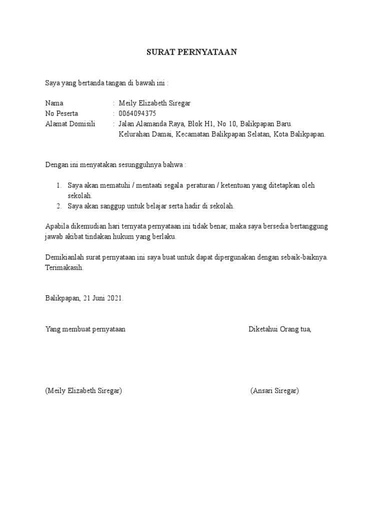 Surat Pernyataan Mematuhi Aturan | PDF