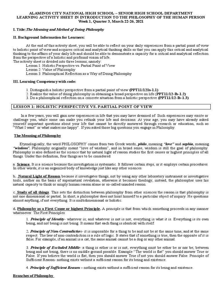 Lesson 1: Holistic Perspective vs. Partial Point of View | PDF | Reason ...