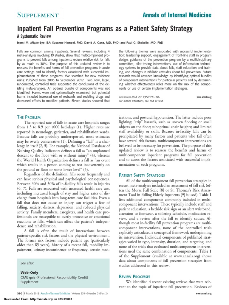 Supplement: Inpatient Fall Prevention Programs As A Patient Safety ...