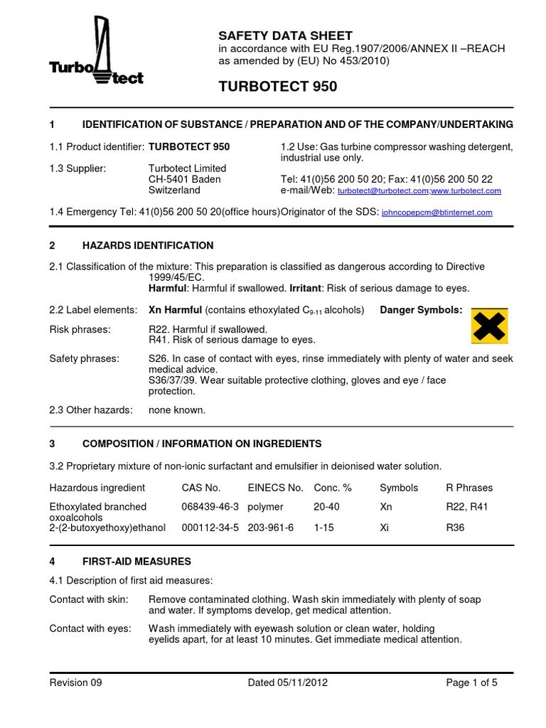 Turbotect 950: Safety Data Sheet | PDF | Toxicity | Firefighting