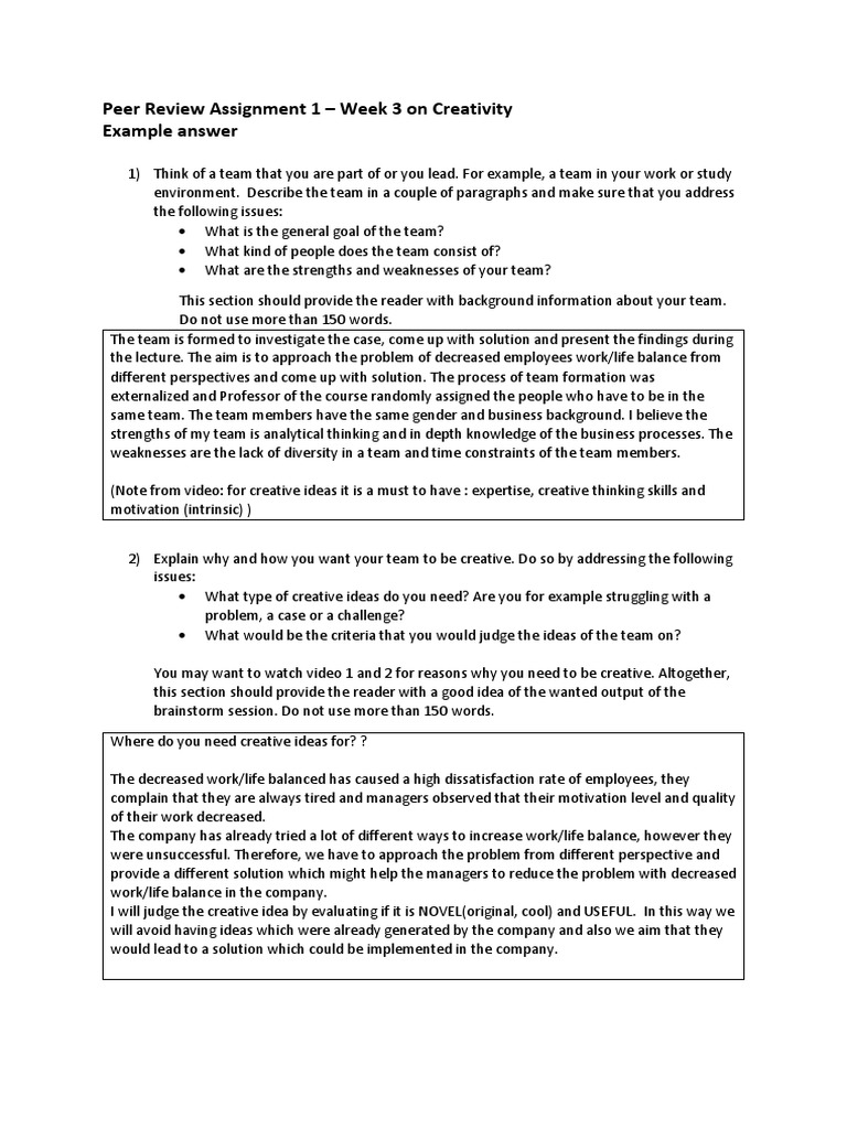 Peer Review Assignment 1 - Week 3 On Creativity Example Answer | PDF ...